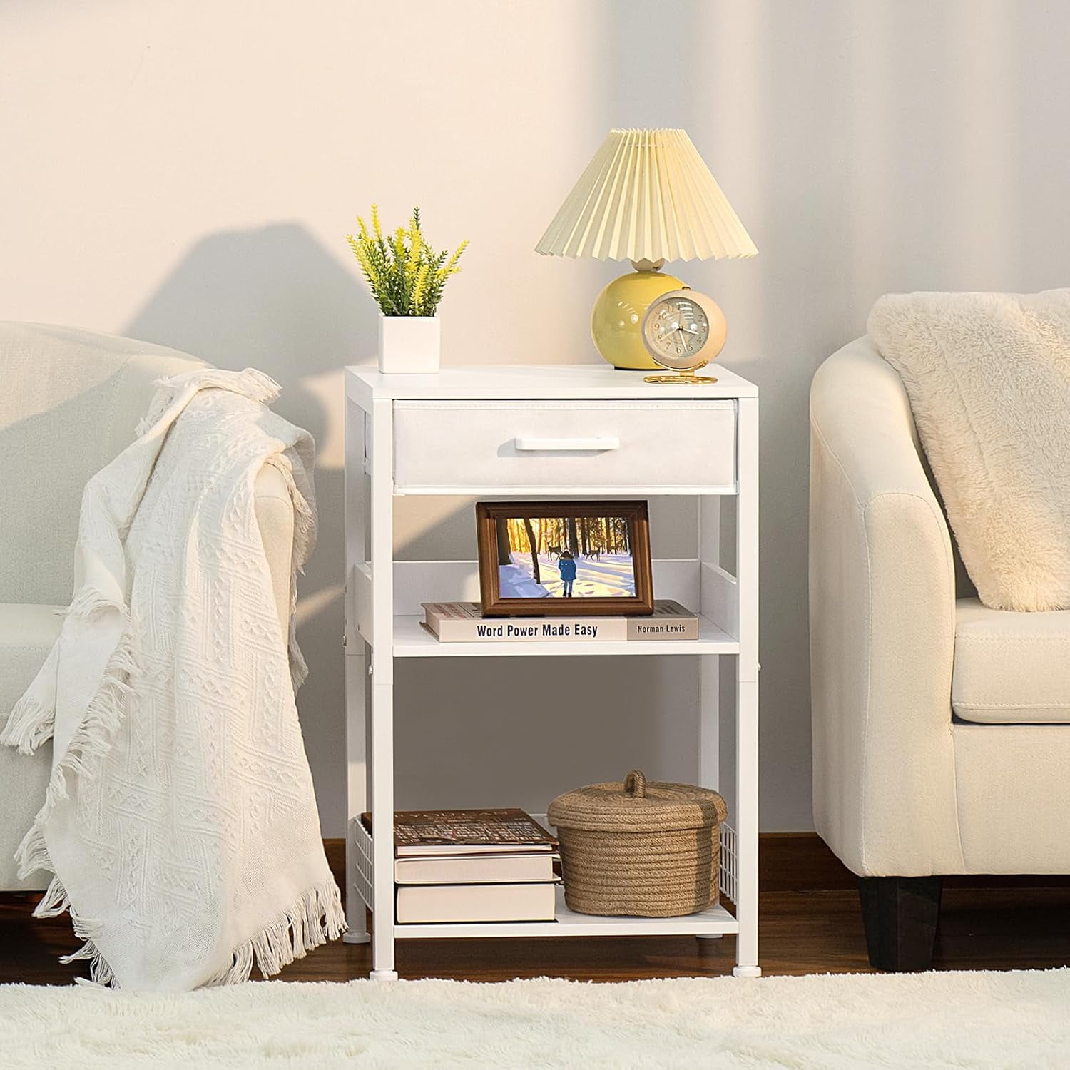 White Printer Stand with Fabric Drawer, 3 Tier Industrial Side Table ...