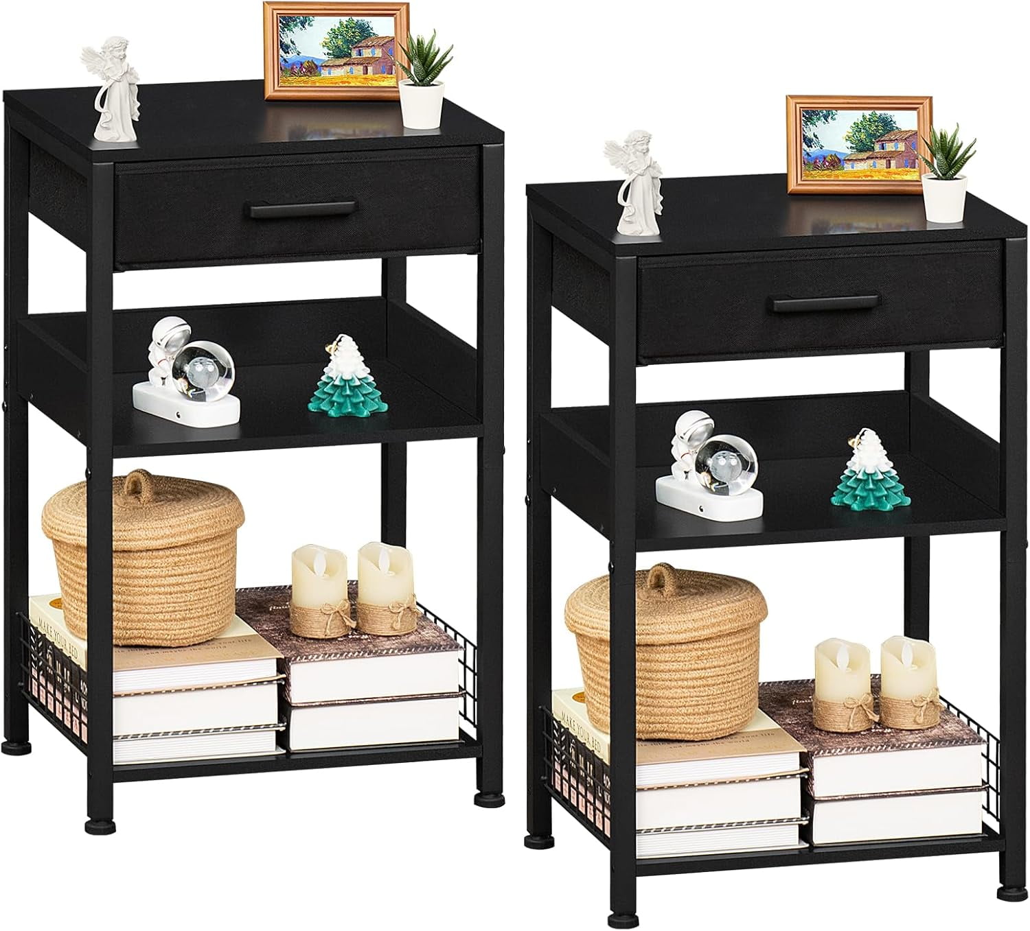 White Printer Stand with Fabric Drawer 3 Tier Industrial Side Table ...