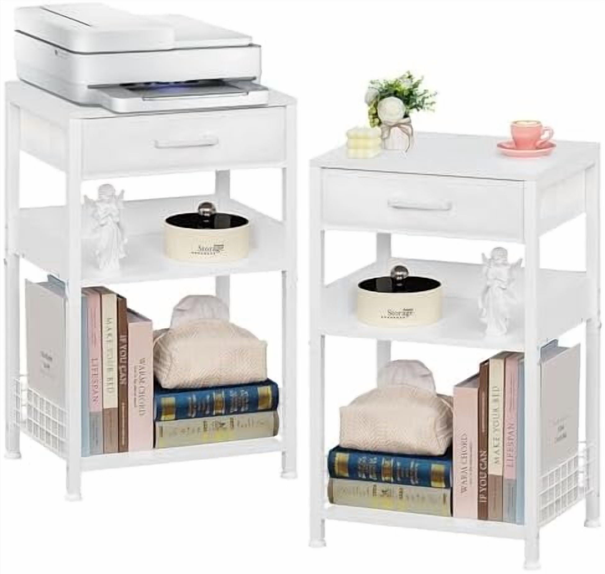 White Printer Stand with Fabric Drawer, 3 Tier Industrial Side Table ...