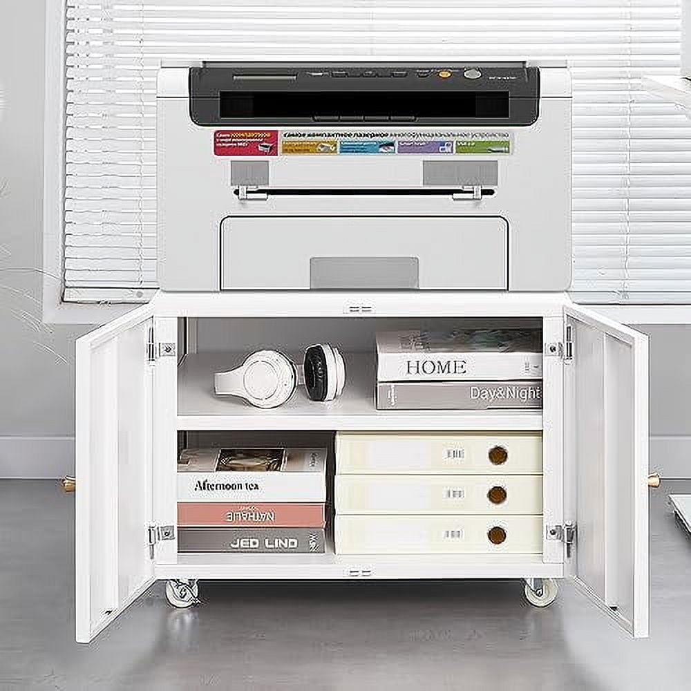White Printer Stand with Storage, Mobile Metal Printer Table for Small ...