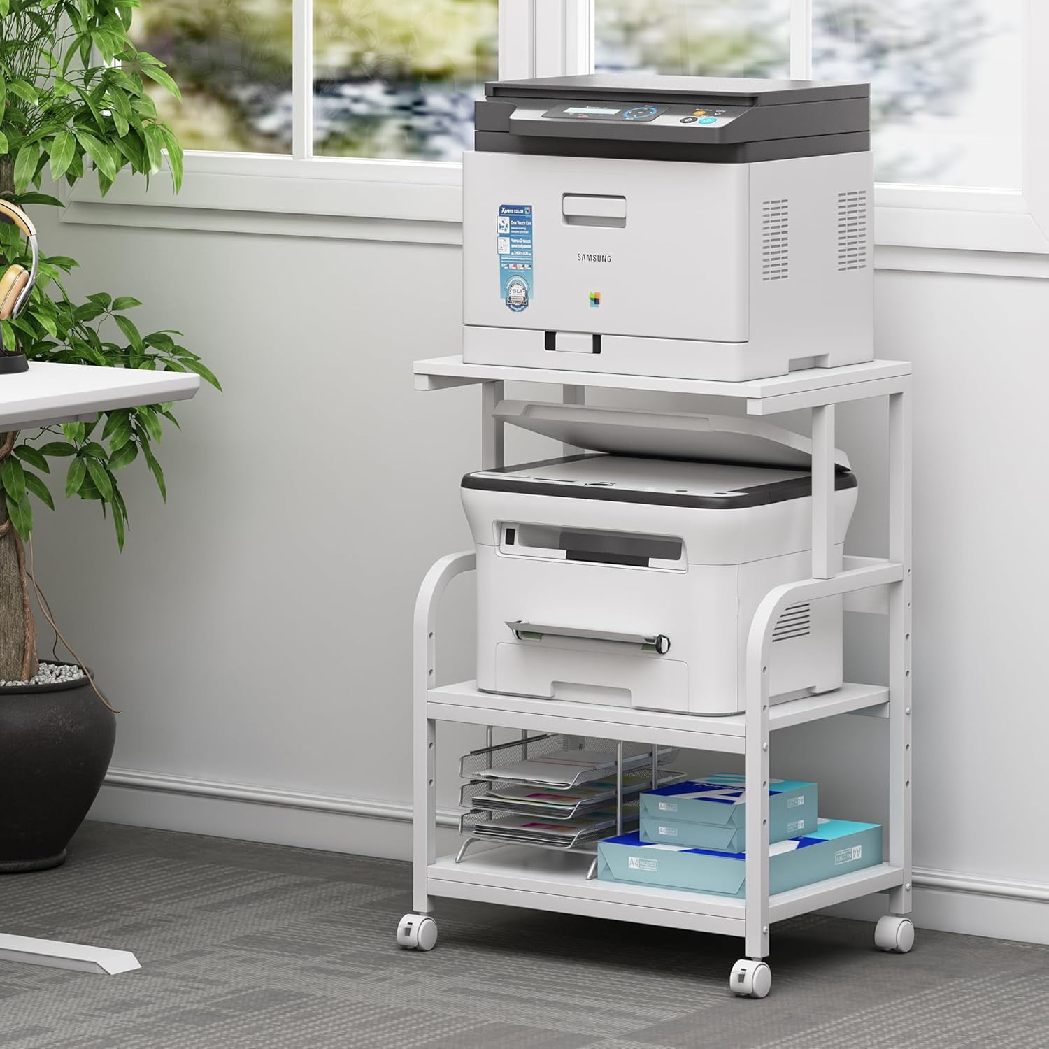White Printer Stand with Storage, 3 Tier Printer Table with Height ...