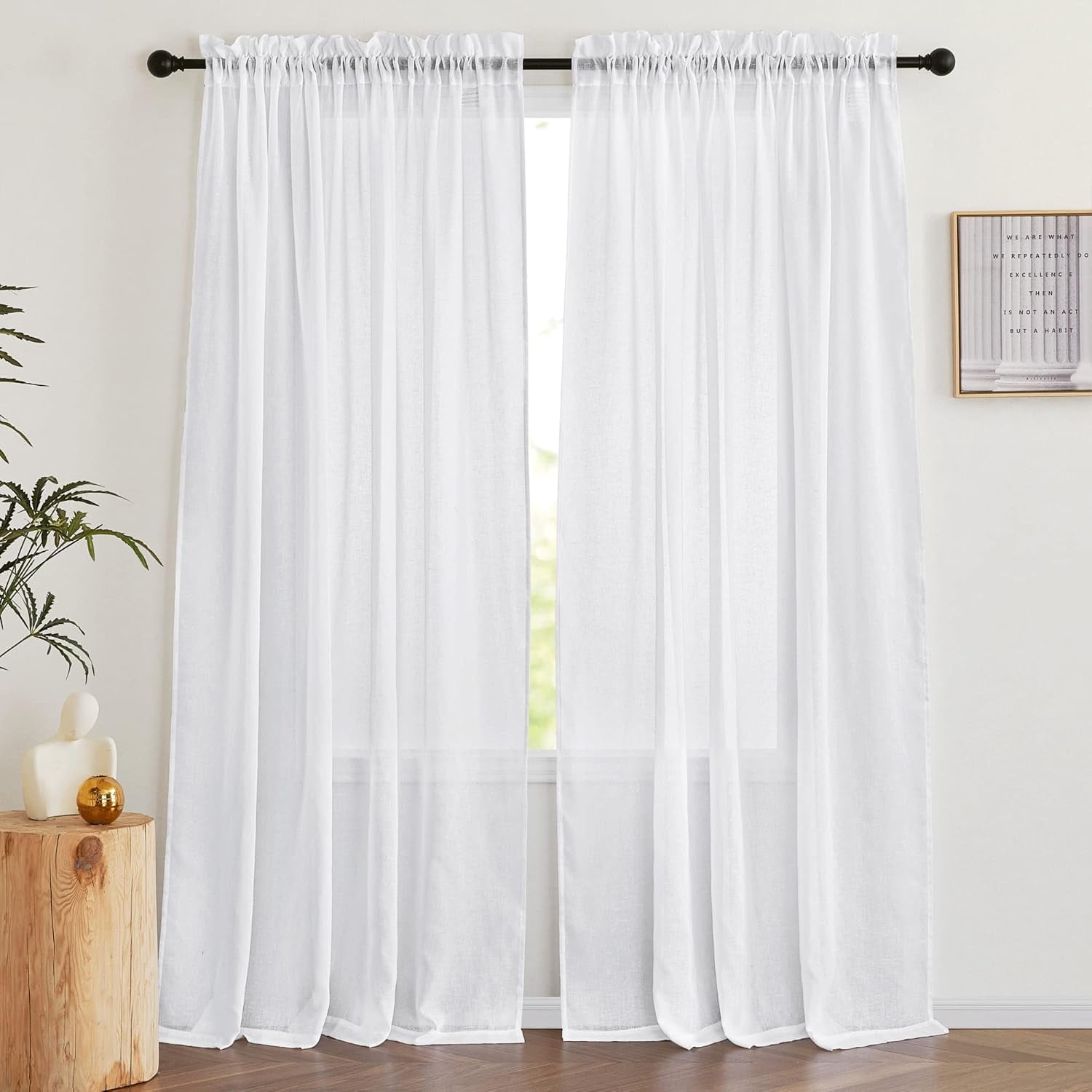 White Privacy Sheer Linen Curtains with Rod Pocket, Semi Sheer Elegant ...