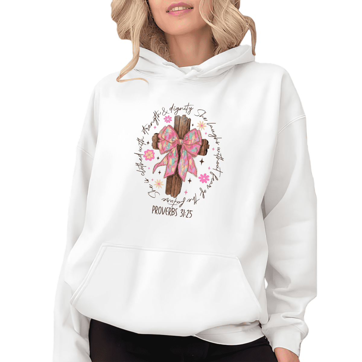 White Proverbs 31:25 Floral Bow Cross Hoodie Christian Devotion ...