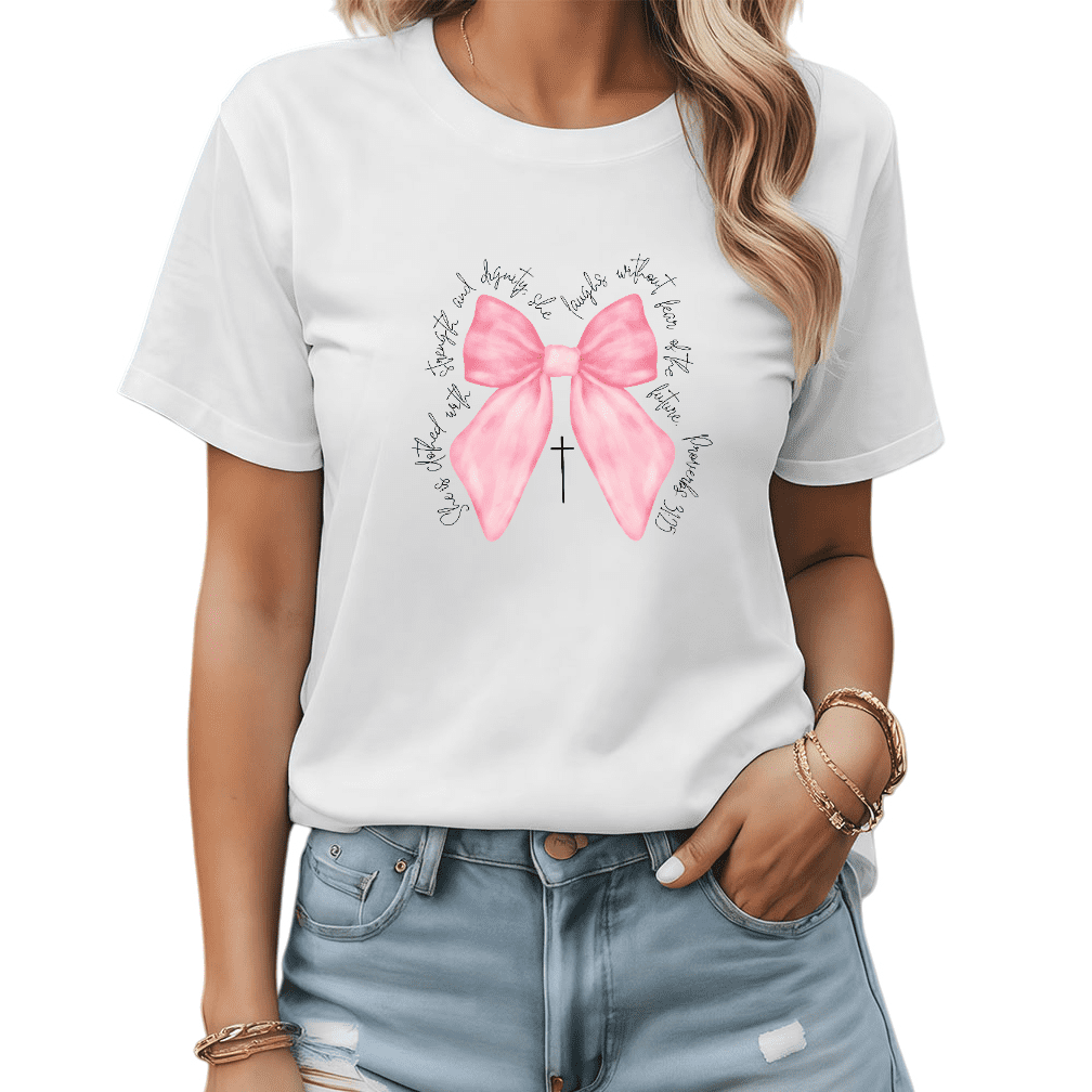White Proverbs 31:25 Pink Bow Cross Print Tshirt Graphic Tees Shirts ...