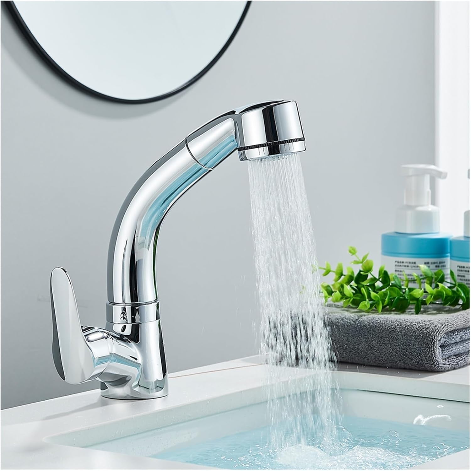 White Pull Out Bathroom Sink Faucet Hot Cold Water Mixer Crane Lift Up ...