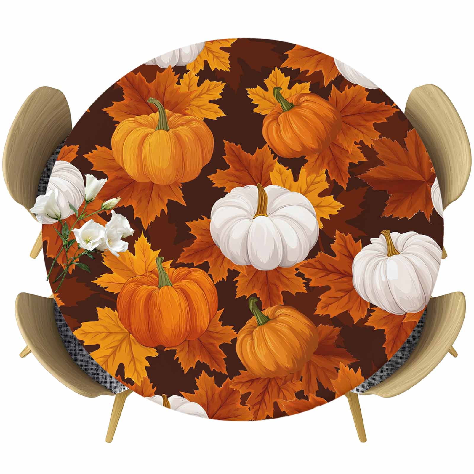White Pumpkin Fall Round Tablecloth, Fitted Table Cover with Elastic ...