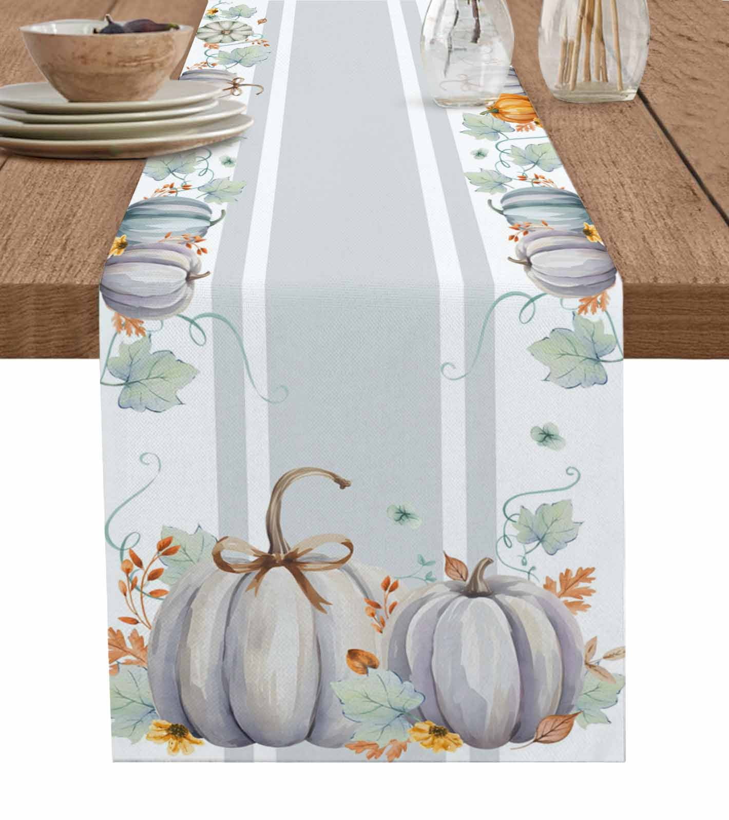 White Pumpkin Fall Table Runner 72 Inches, Thanksgiving Botanical ...