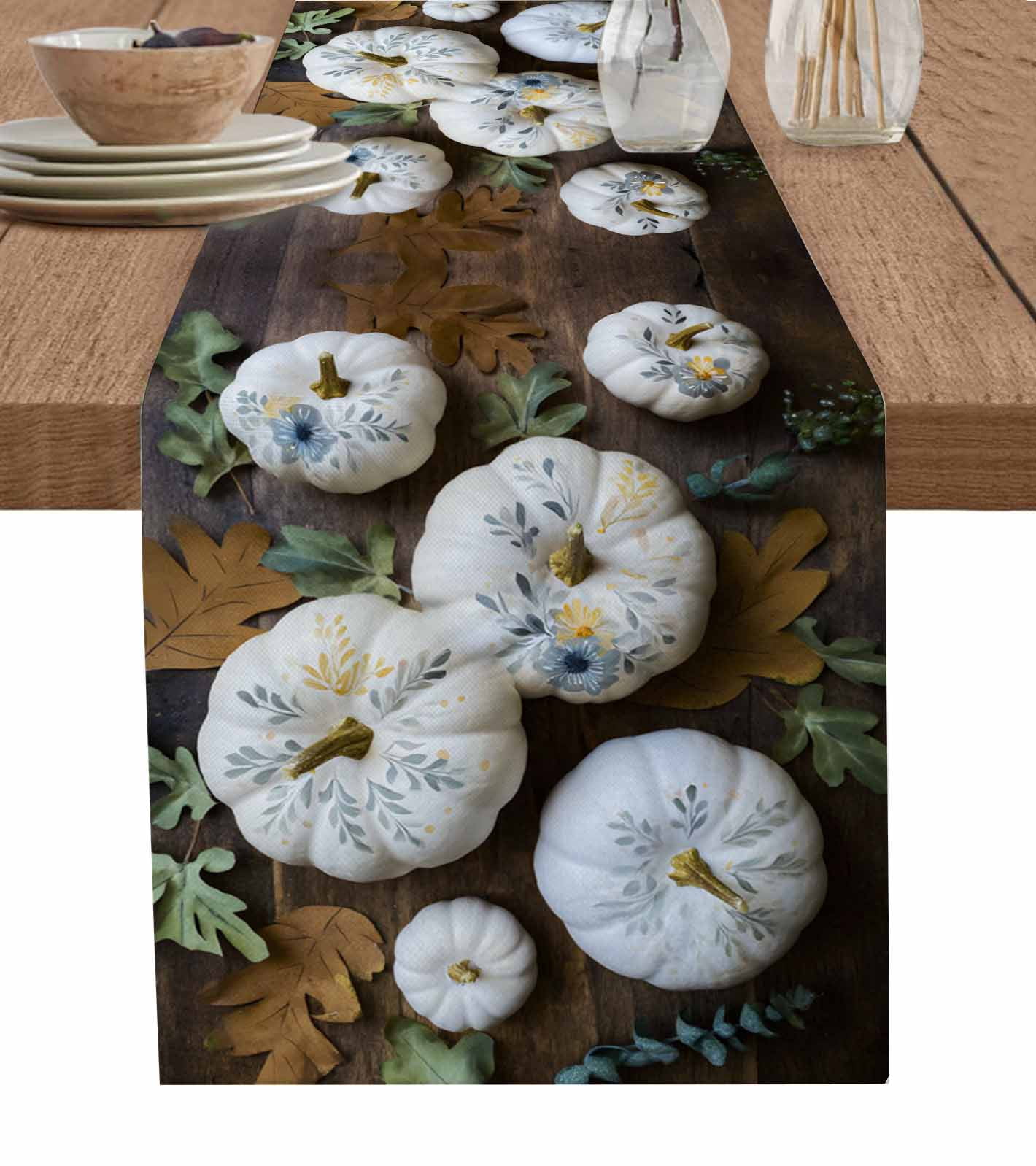 White Pumpkins Fall Table Runner 72 Inches, Thanksgiving Botanical ...