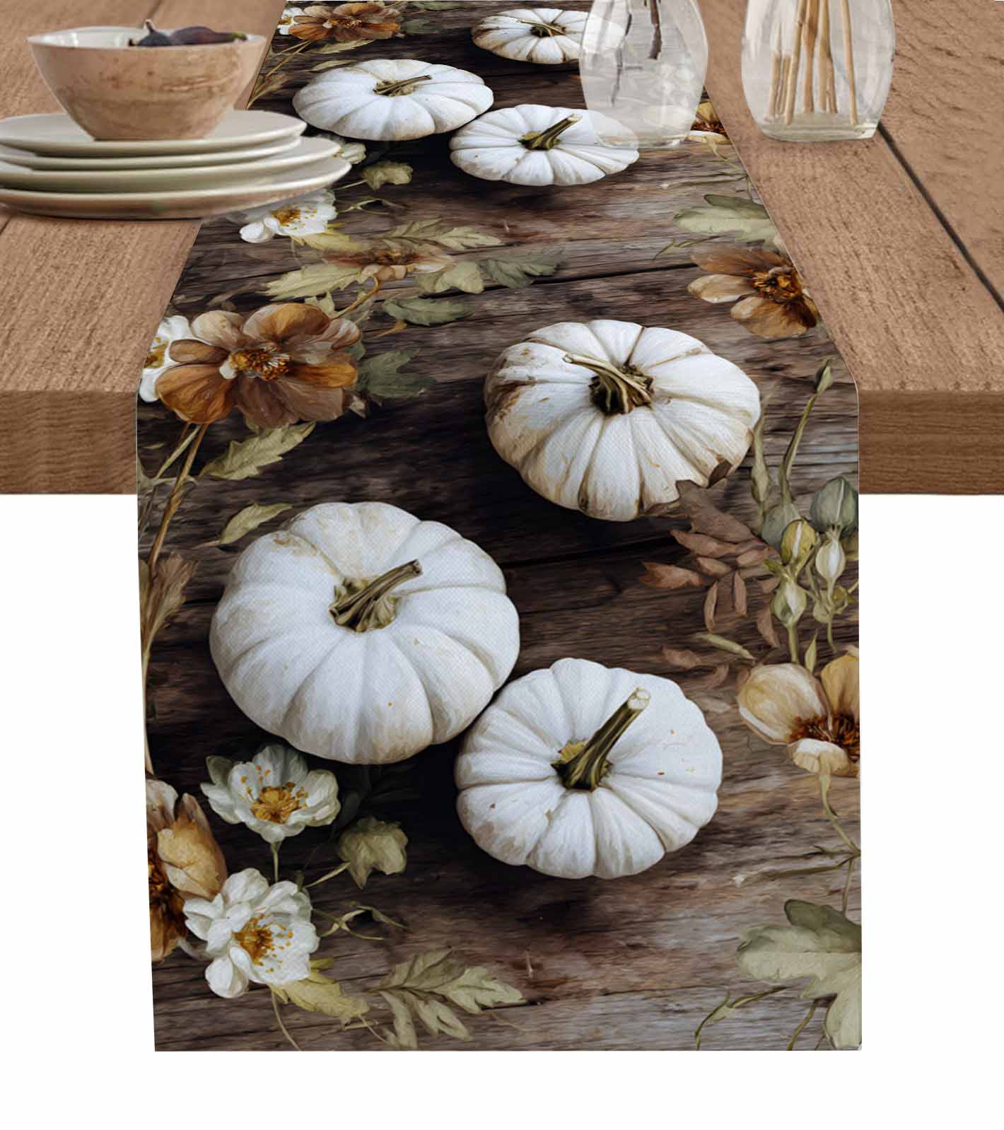 White Pumpkins Fall Table Runner 72 Inches, Thanksgiving Botanical ...