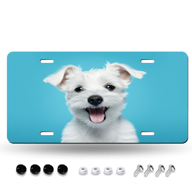 White Puppy on Blue Background With Happy Face License Plate Frame ...