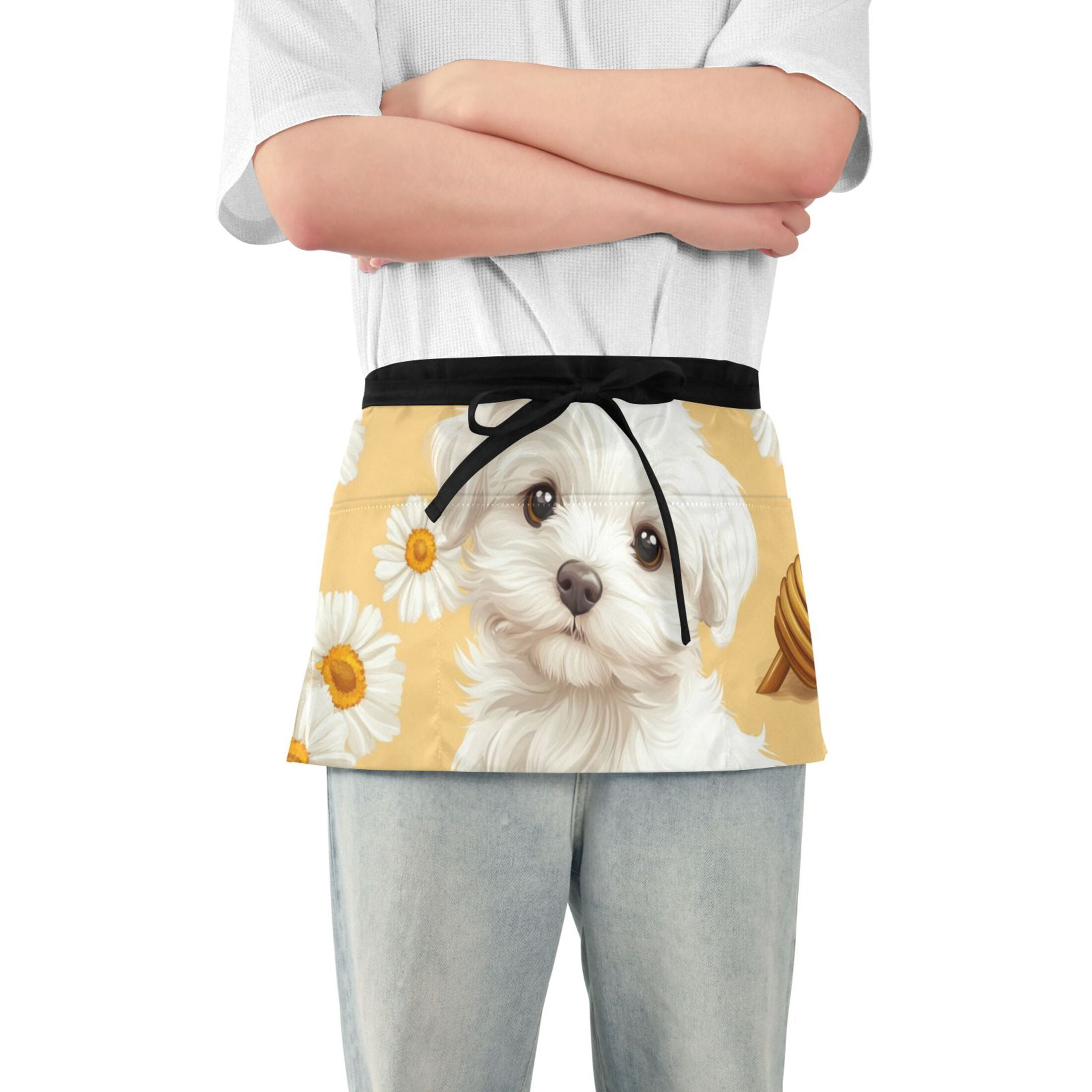 White Puppy Honey Jar Daisies Short Server Apron with 3 Pockets for ...