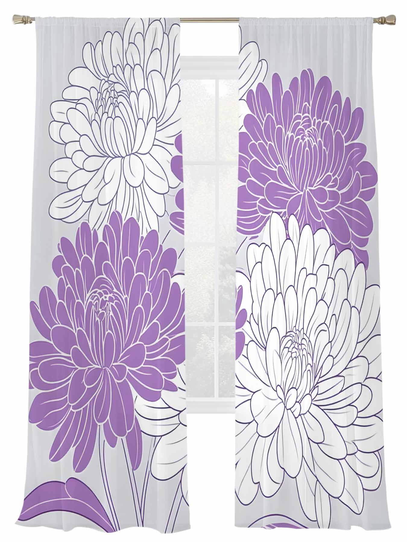 White Purple Flower Sheer Curtains 2 Panels Set Line Drawing Floral ...