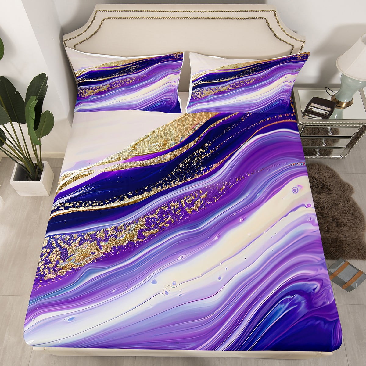 White and Purple Marbling Bed Sheets Abstract Ombre Sheets Golden ...