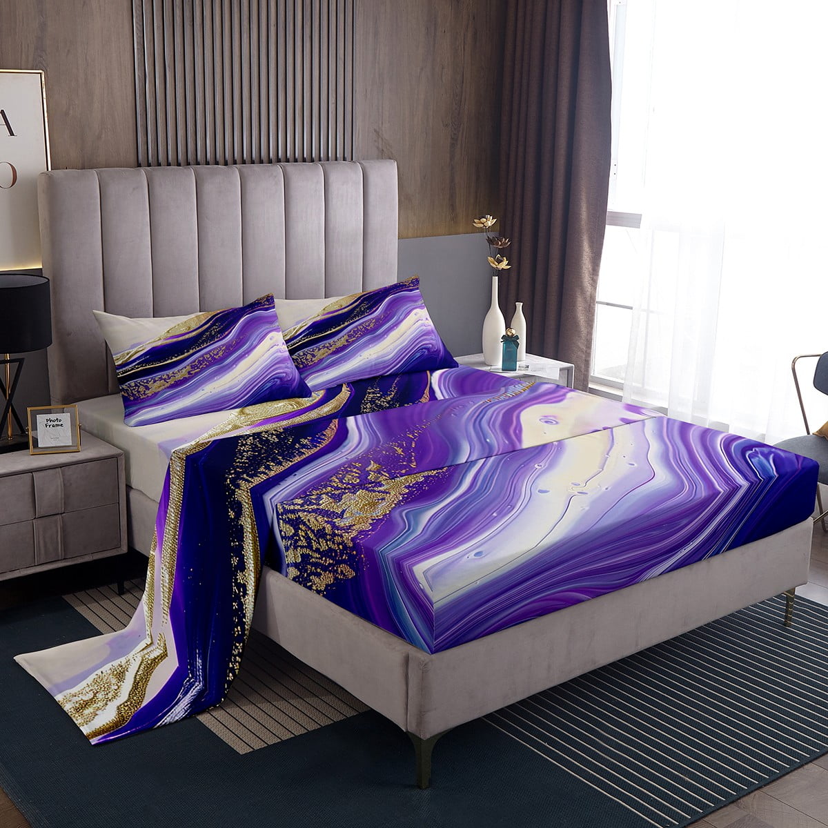 White and Purple Marbling Sheet Set Abstract Ombre Sheets Golden ...