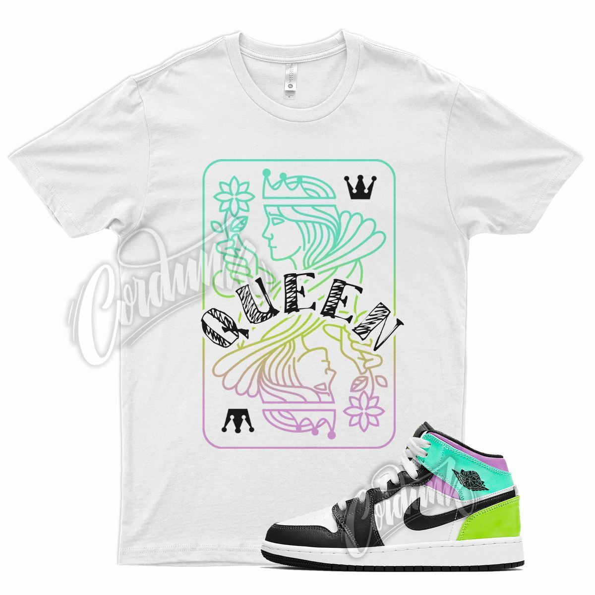 White QUEEN T Shirt for Air J1 1 Mid Pastel Volt Green Glow Tropical ...