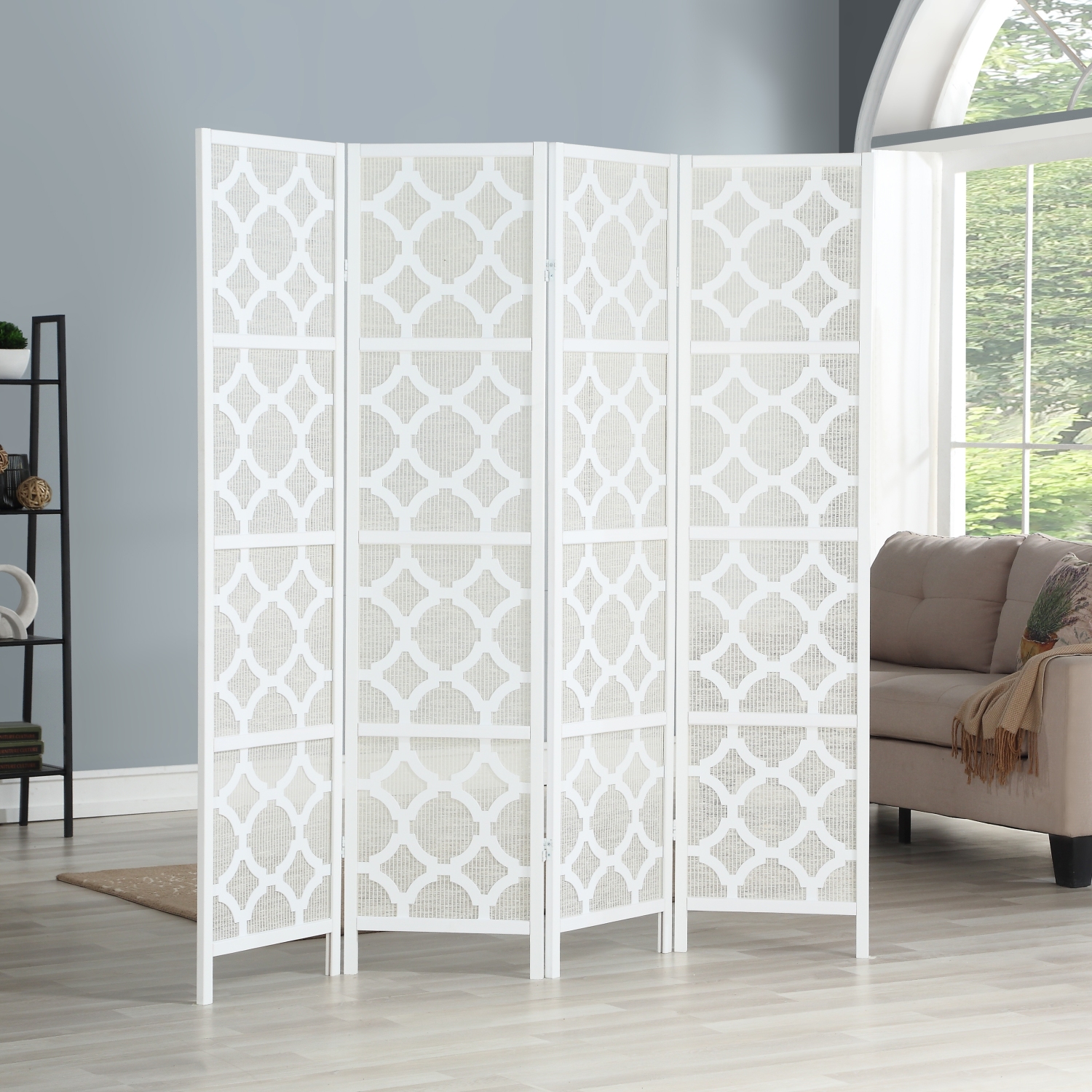 White Quarterfoil Design 4-Panel Room Divider Stylish Privacy Screen ...