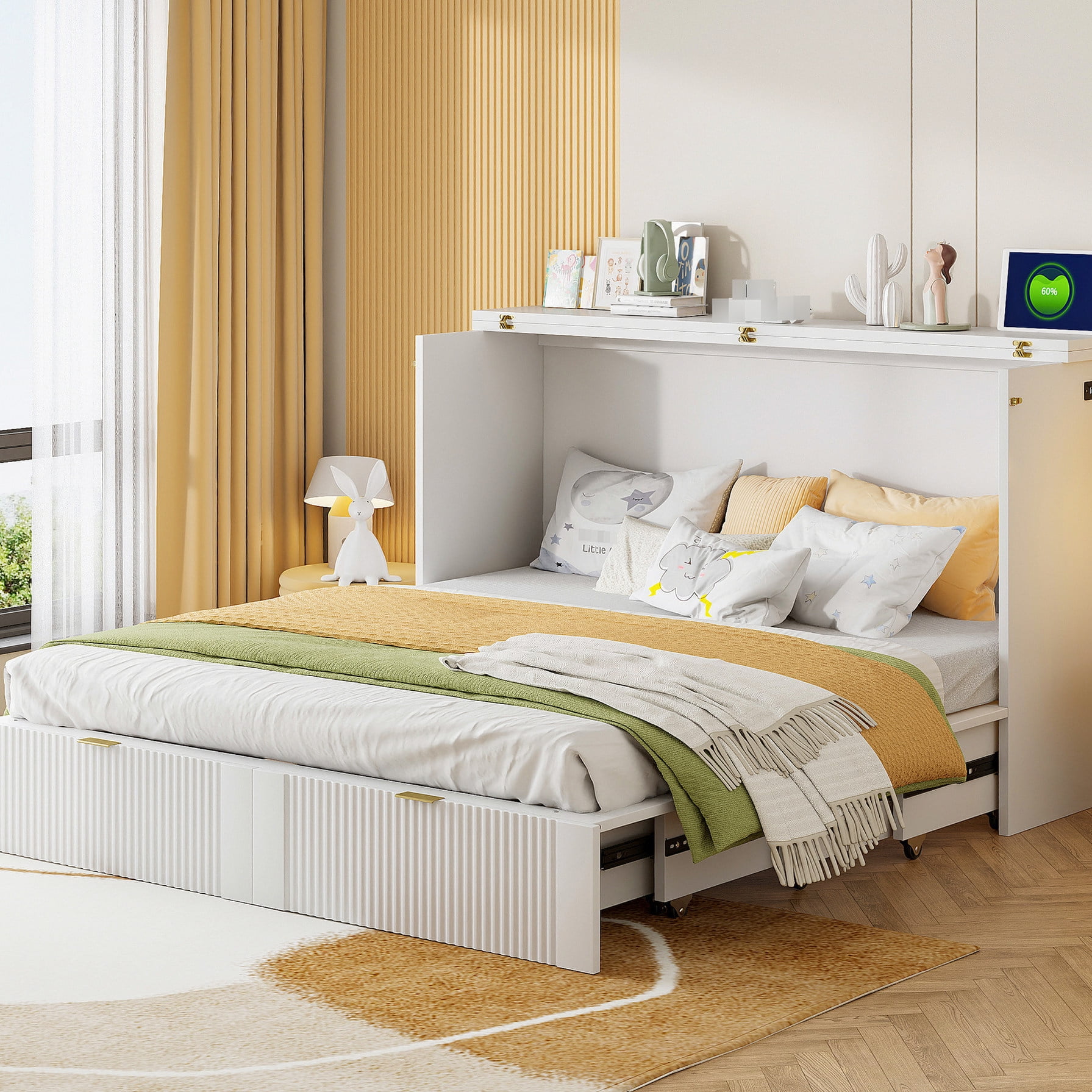 White Queen Bed, Drawer, Ports And Robust Pulley Structure Bed With ...