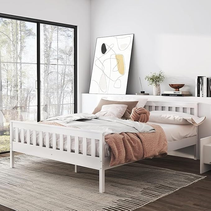White Queen Bed Frame with Storage, Solid Wood Platform Bed with ...