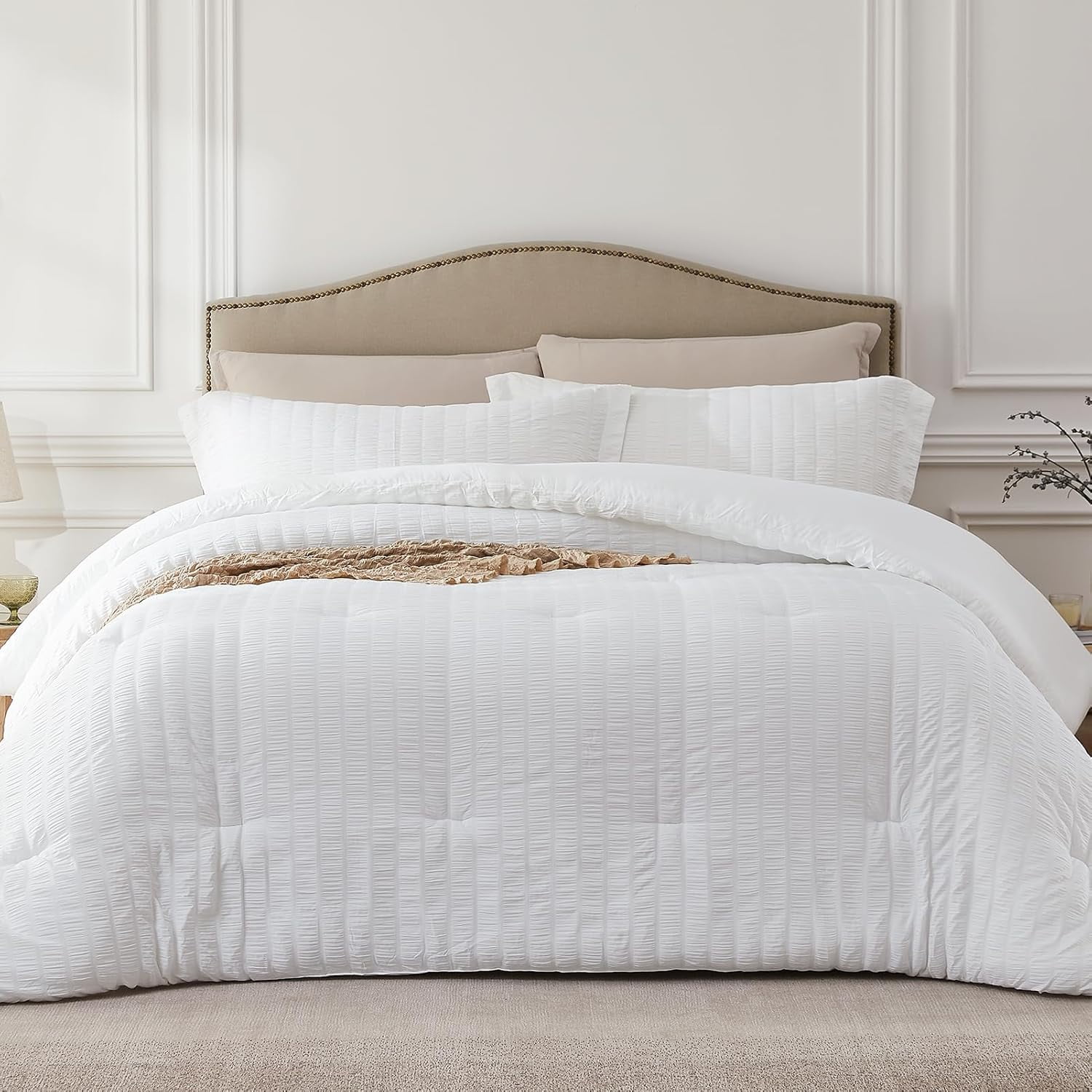 White Queen Comforter Set - 3 Pieces Seersucker Lightweight Bedding ...