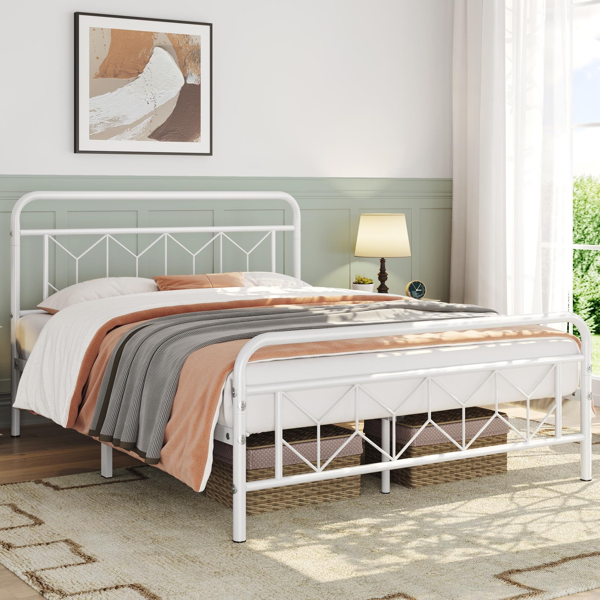 White Queen Size Vintage Style Metal Bed Frame with Headboard, Stable ...