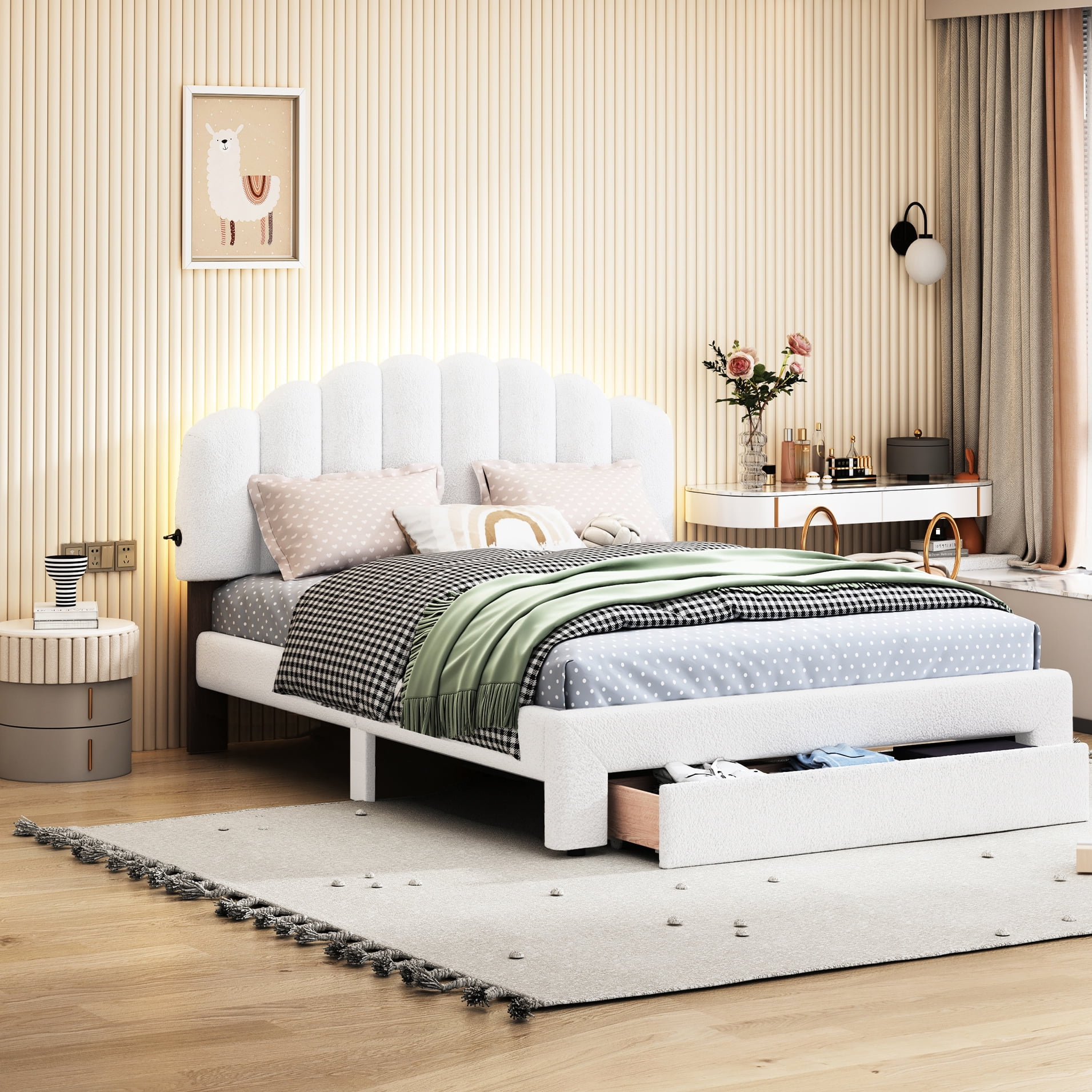 White Queen Sized Bed With Storage Drawer, Led Ambient Lighting, And ...