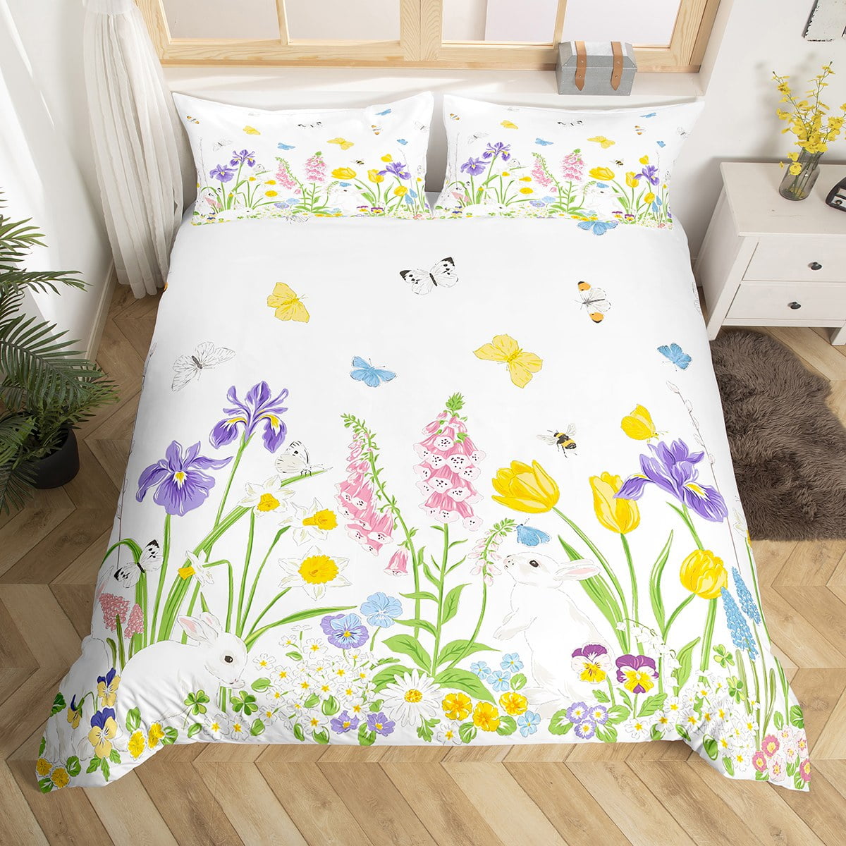 White Rabbit Comforter Cover Yellow Tulip Flowers Duvet Cover,Butterfly ...