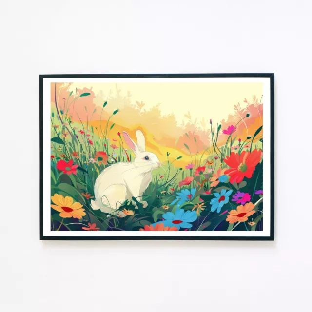 White Rabbit Flowers Field Hare Portrait Illustration A4 Retro Wall Art ...