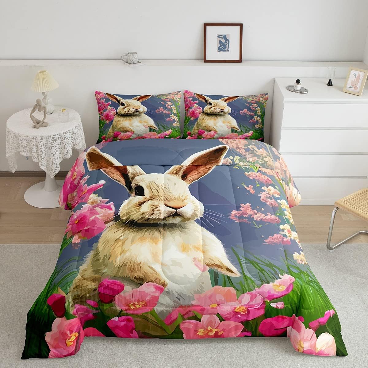White Rabbit Quilt Yellow Tulip Flowers Comforter Set Butterfly Rustic ...