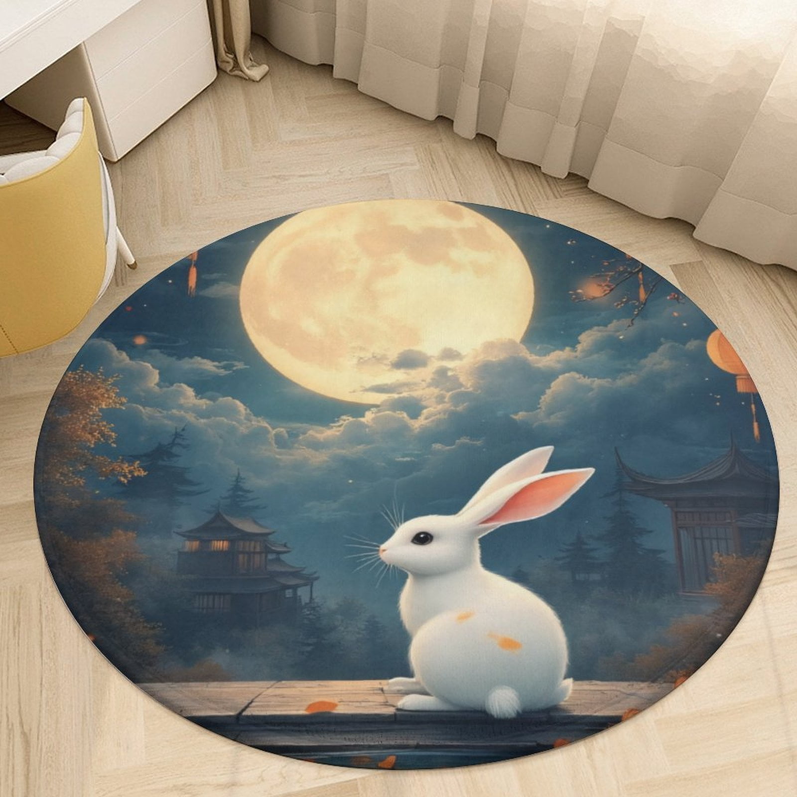 White Rabbit Under Full Moon Round Area Rugs for Bedroom Living Room ...