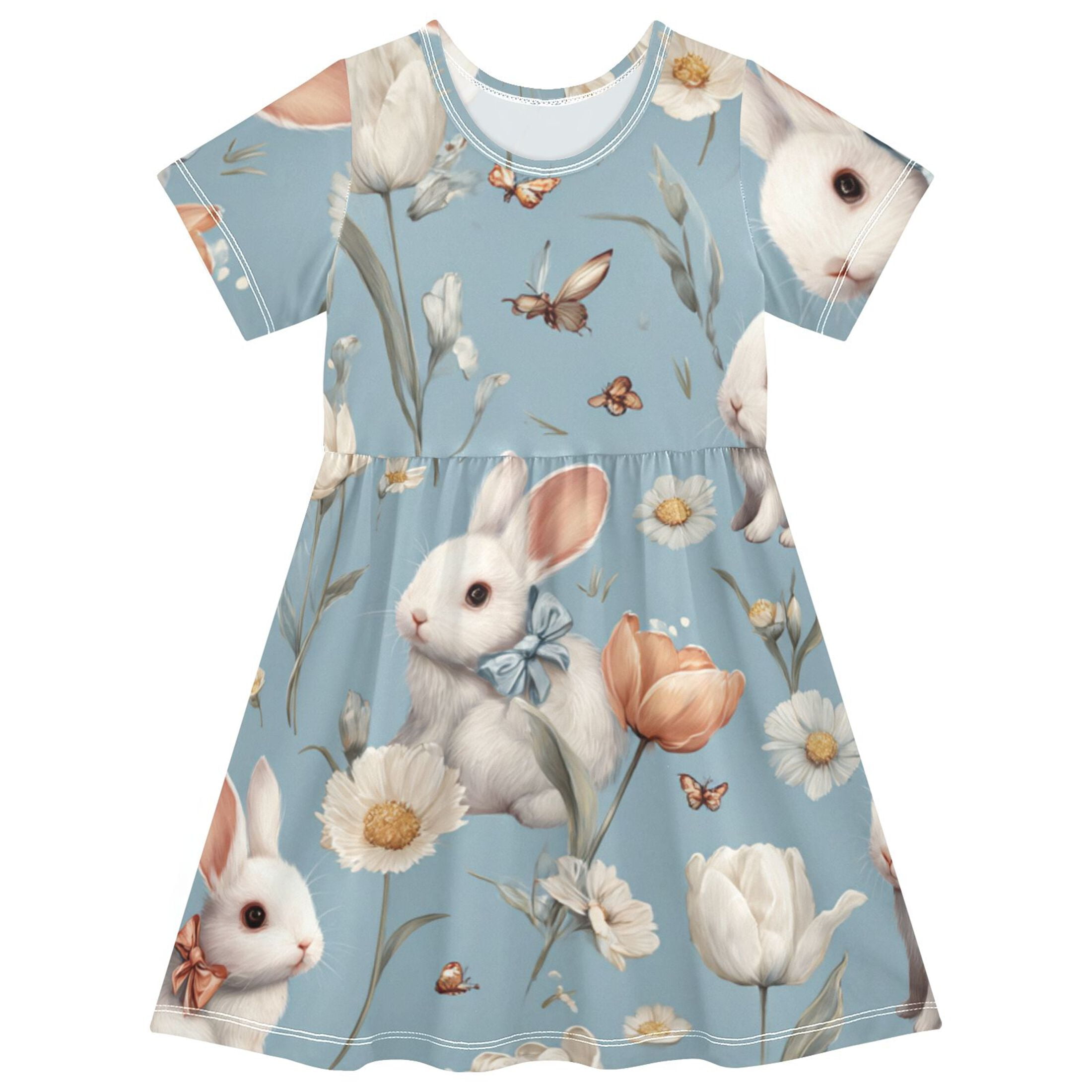 White Rabbits Flowers Butterflies Vintage Girls' Short Sleeve Dress A ...