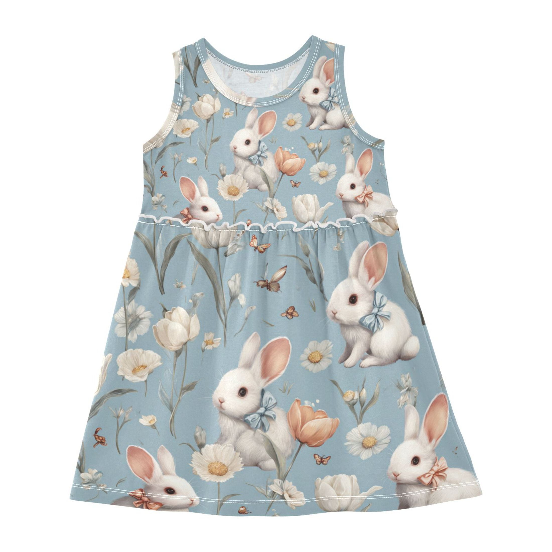 White Rabbits Flowers Butterflies Vintage Girls' Sleeveless Dress A ...