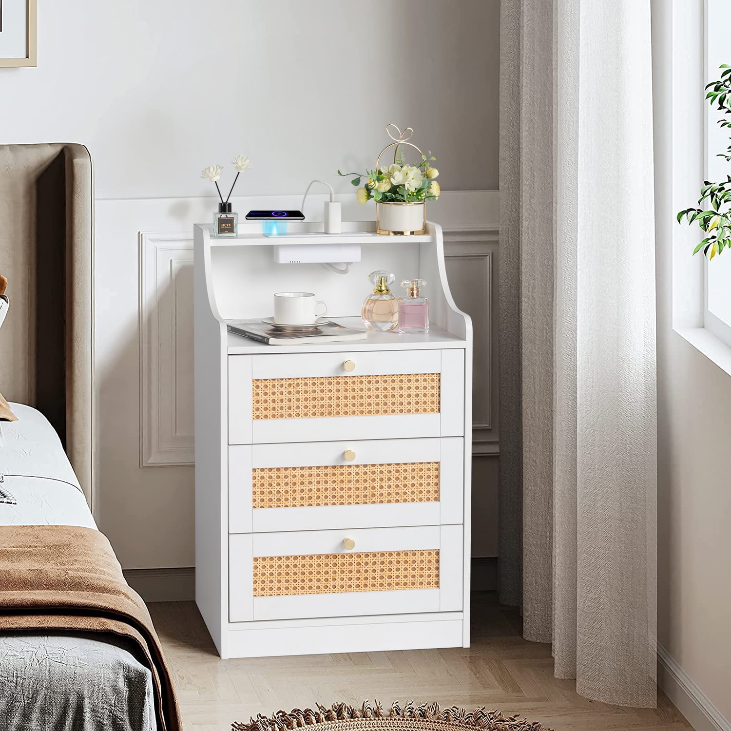 White Rattan Bedside Table with Triamine Gold Handle – Three Drawers ...