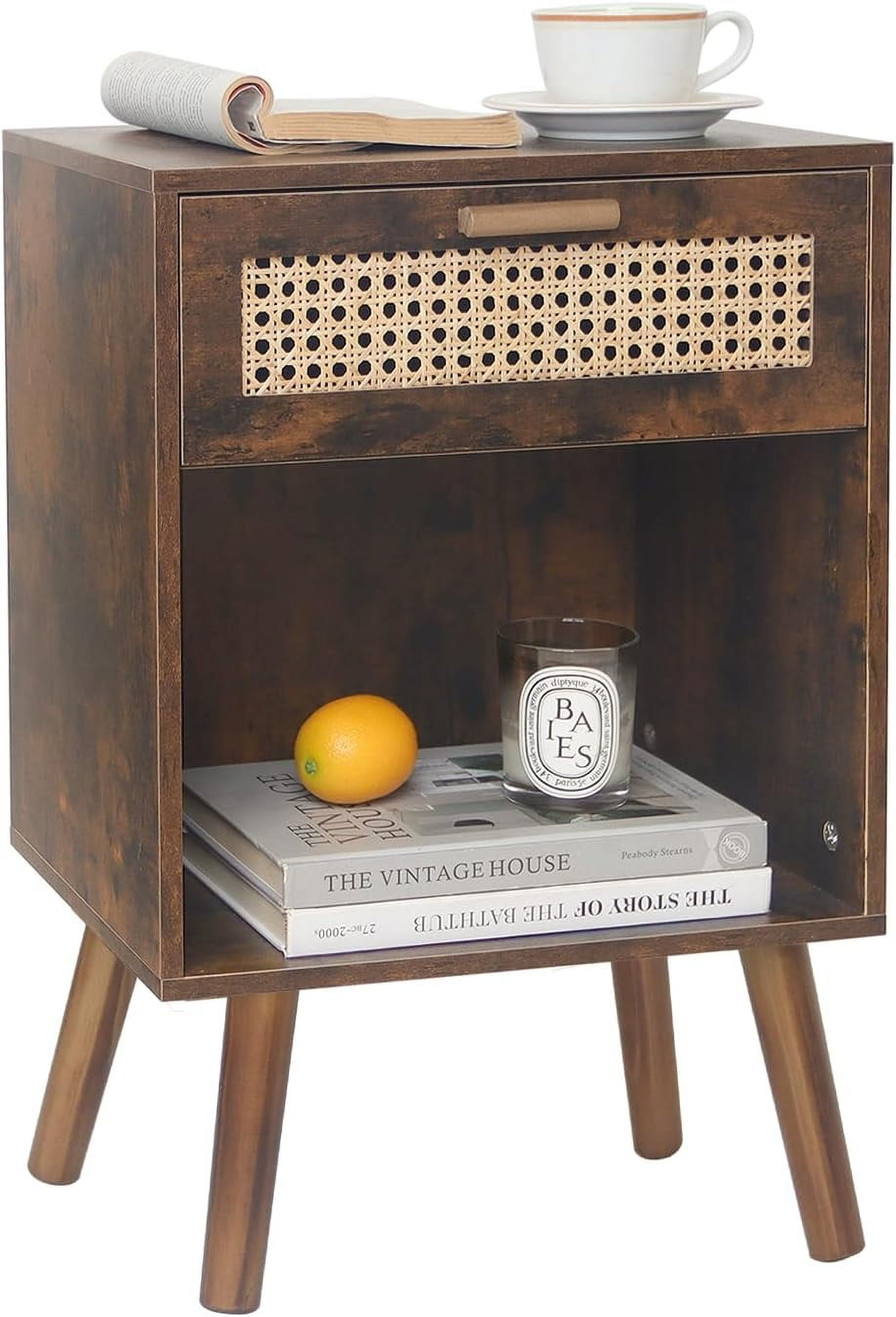 Rattan Nightstand, Small Wood Bedside Table with Drawer and Shelf, Mid ...
