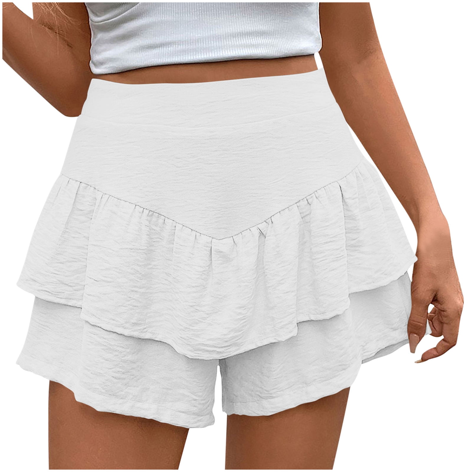 White Rayon Shorts for Ladies Long Ruched Peplum Straight Leg Plain ...