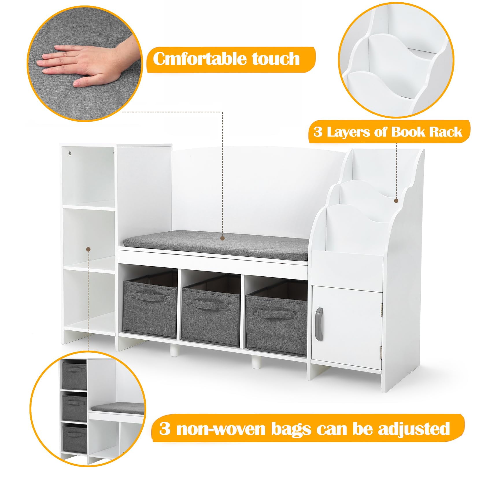 White Reading Nook Bench with Bookshelf and Storage Organizer ...