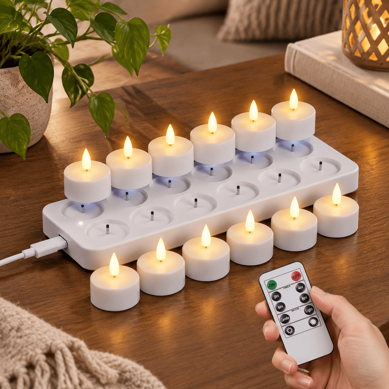 White Rechargeable Tea Lights Candles with Remote Timer and Charging ...