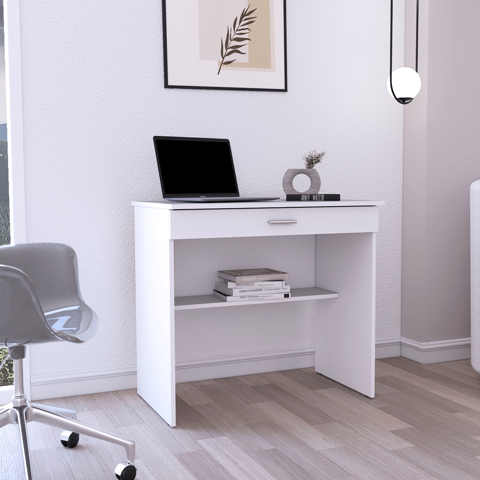 White Rectangular Computer Workstation With Drawer And Lower Storage ...