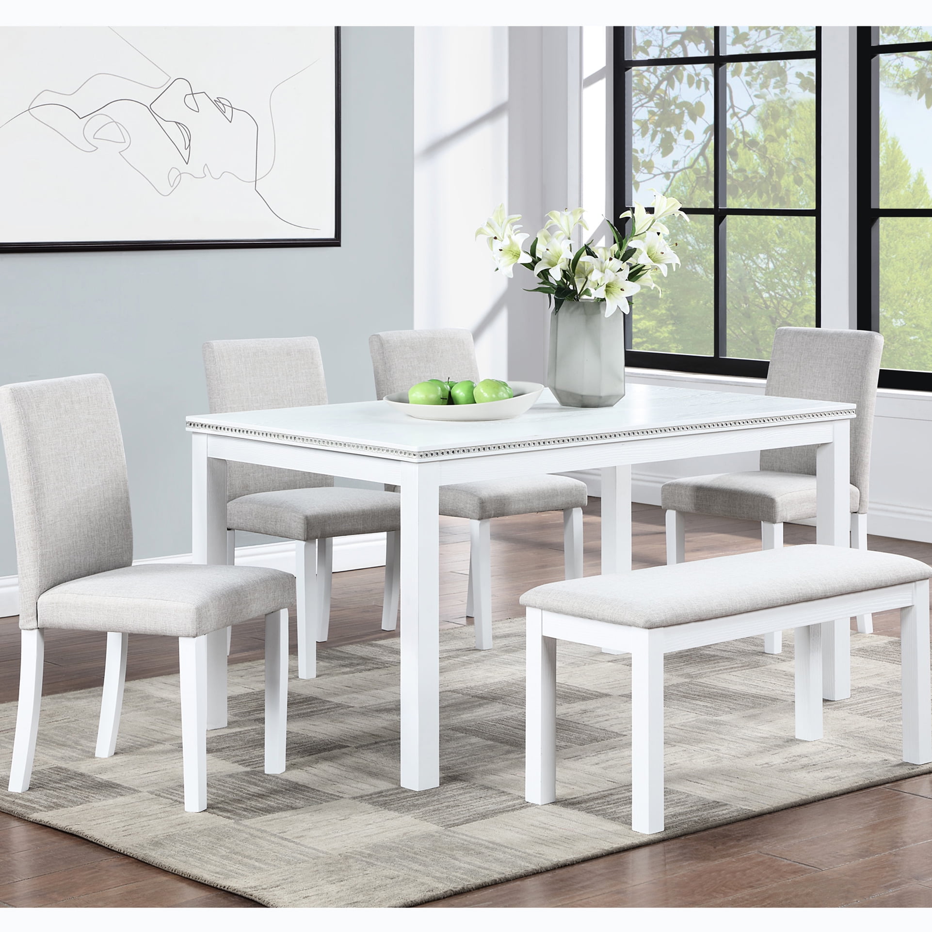 White Rectangular Dining Table And Bench For 6, Solid Wood Construction ...