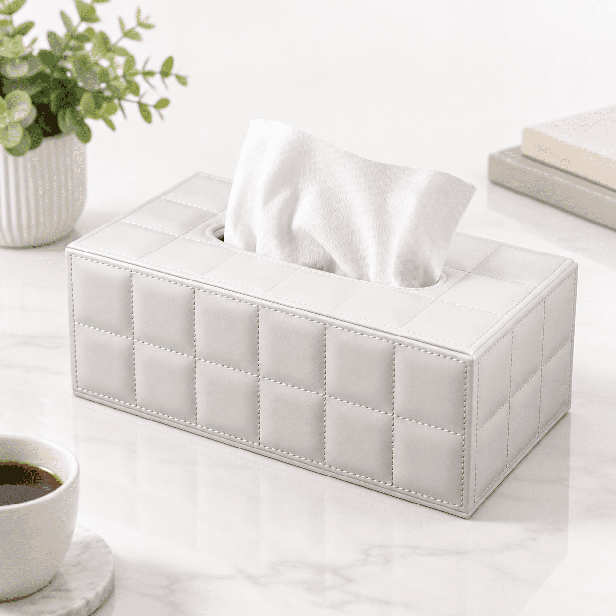 White Rectangular Pu Leather Facial Tissue Box Cover Dispenser for Home ...