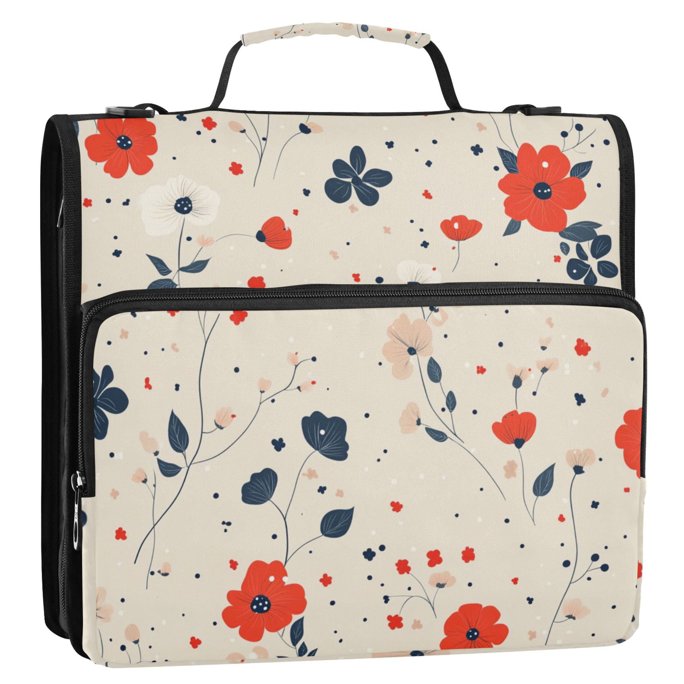 White Red Florals Leaves Binder Bag with Shoulder Strap 3 Ring Zipper ...