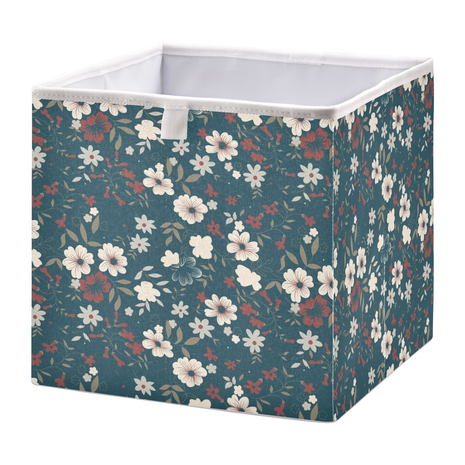 White and Red Flowers Storage Box, Fabric Cube Storage Box, Collapsible ...