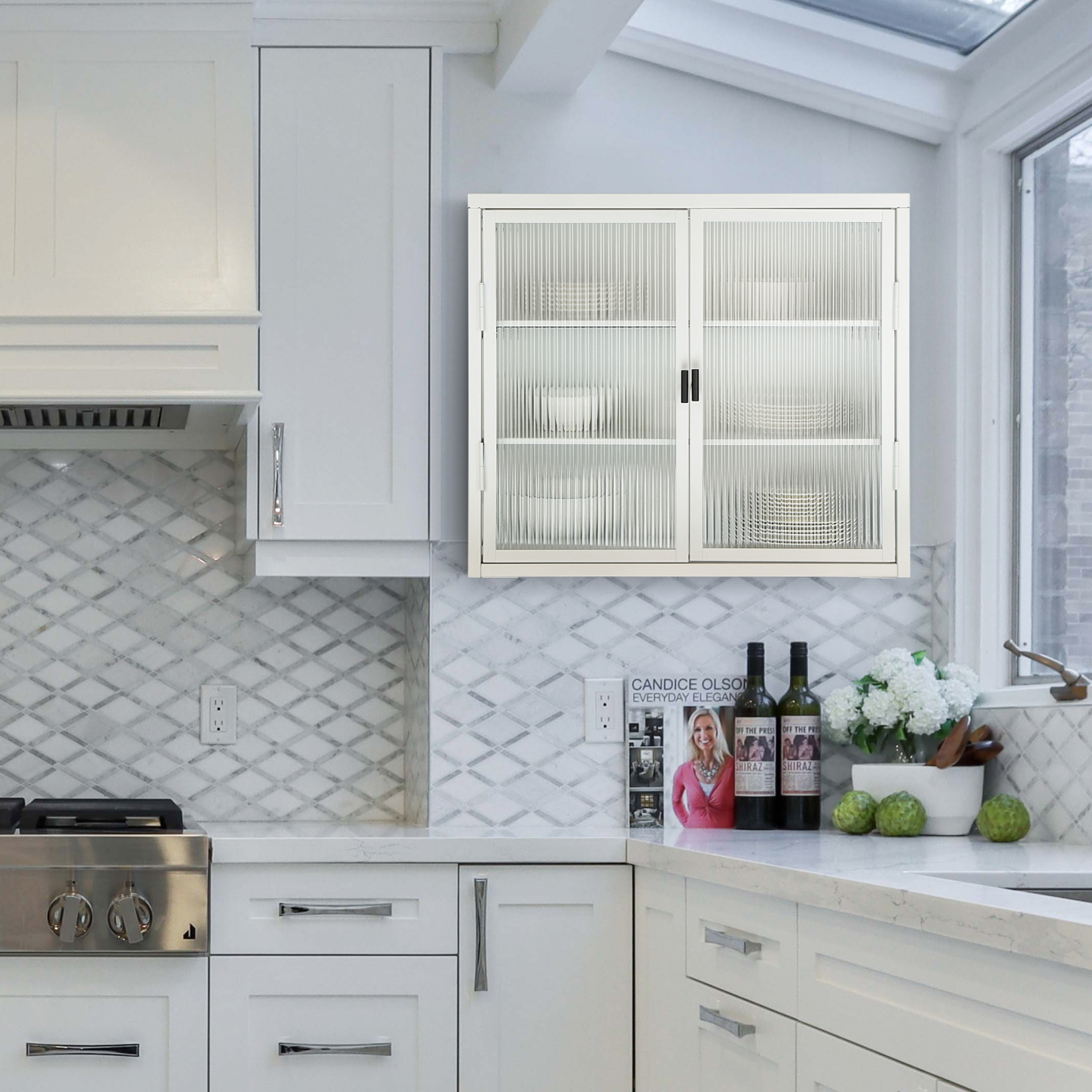 White Retro Double Glass Door Wall Cabinet, Elegant Wall Mounted ...