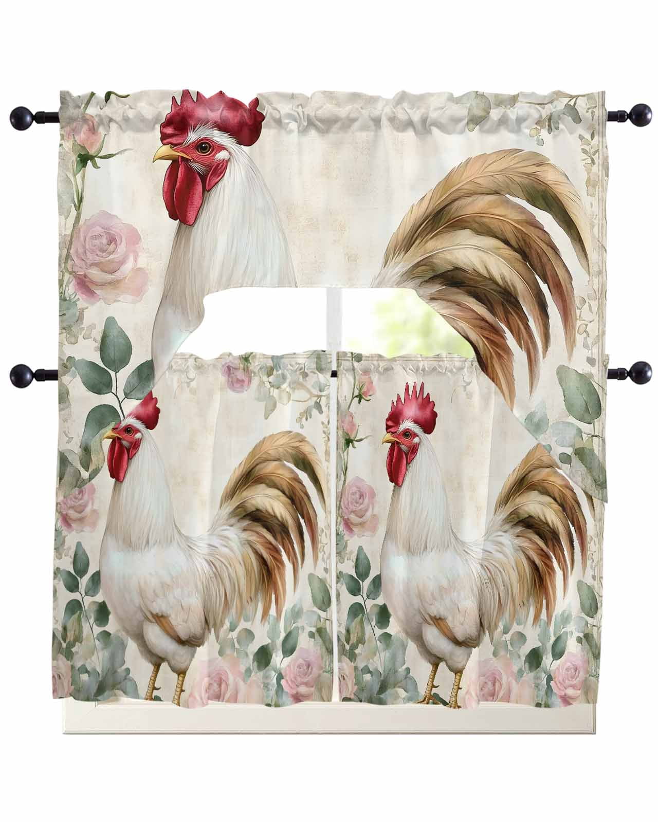 White Retro Rooster Kitchen Curtains Sets 36 Inch Length with Valance ...