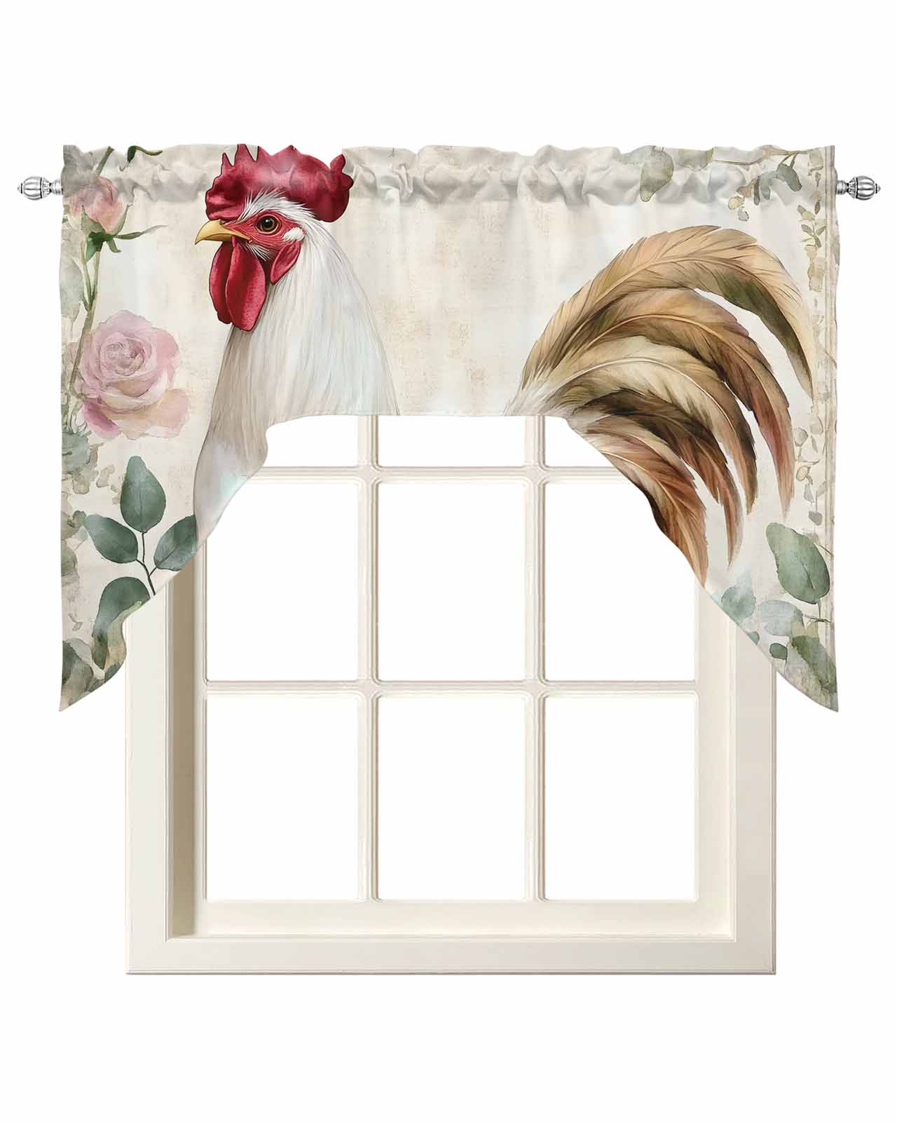 White Retro Rooster Kitchen Swag Valances for Windows, Watercolor ...