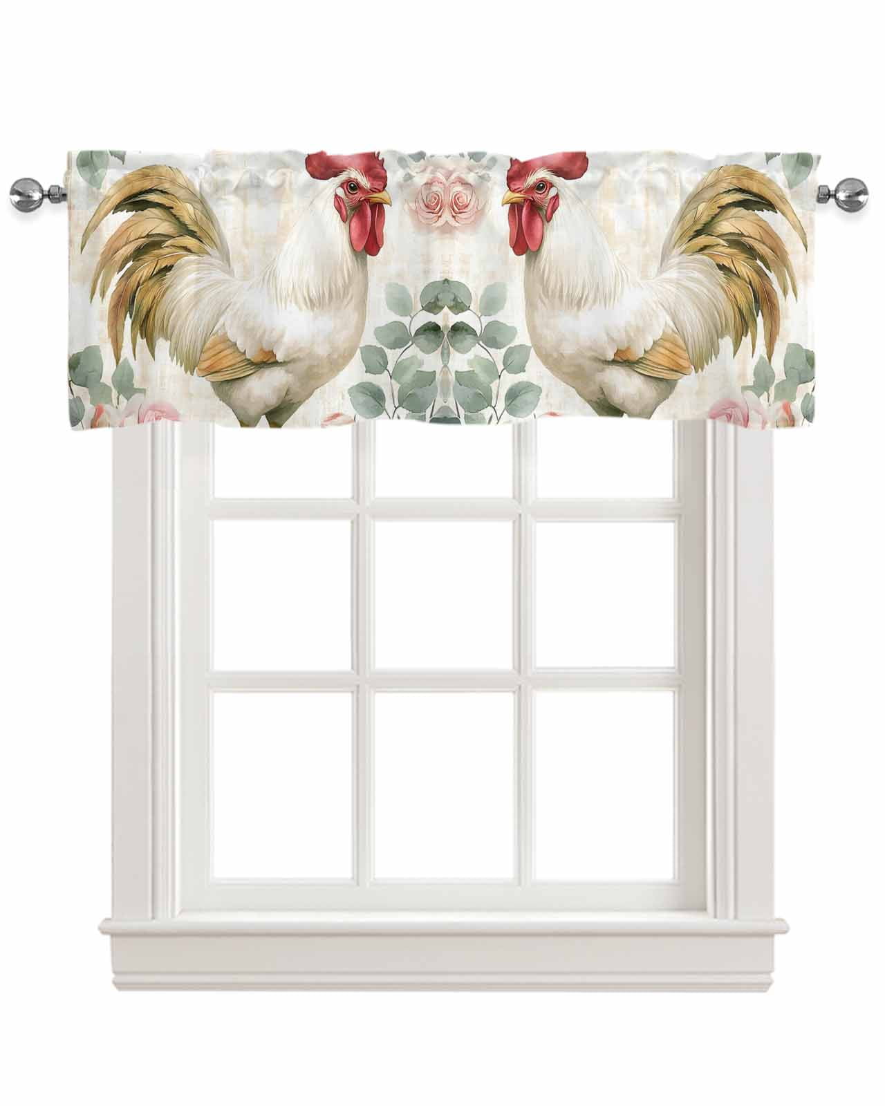 White Retro Rooster Kitchen Valances for Windows Farmhouse Linen Window ...