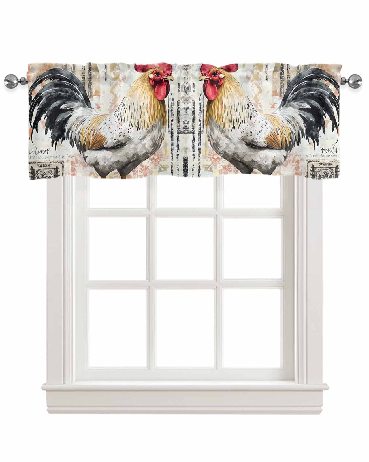 White Retro Rooster Kitchen Valances for Windows Farmhouse Linen Window ...
