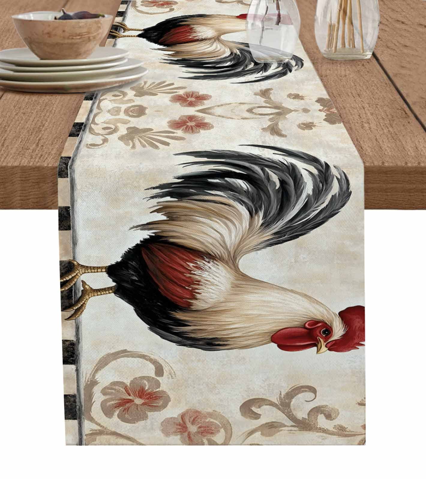 White Retro Rooster Table Runner 72 Inches, Watercolor Pastoral Animals ...