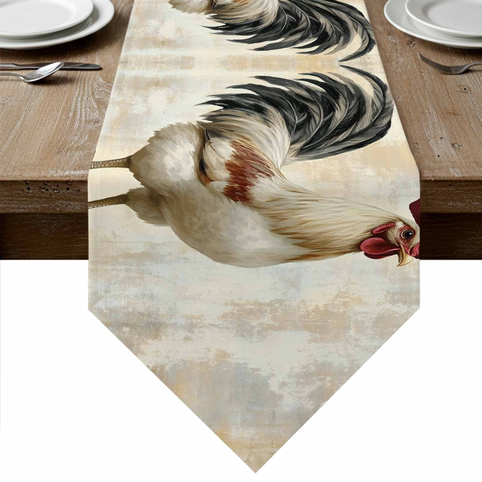 White Retro Rooster Table Runner Linen Burlap Table Runner 72 Inches ...