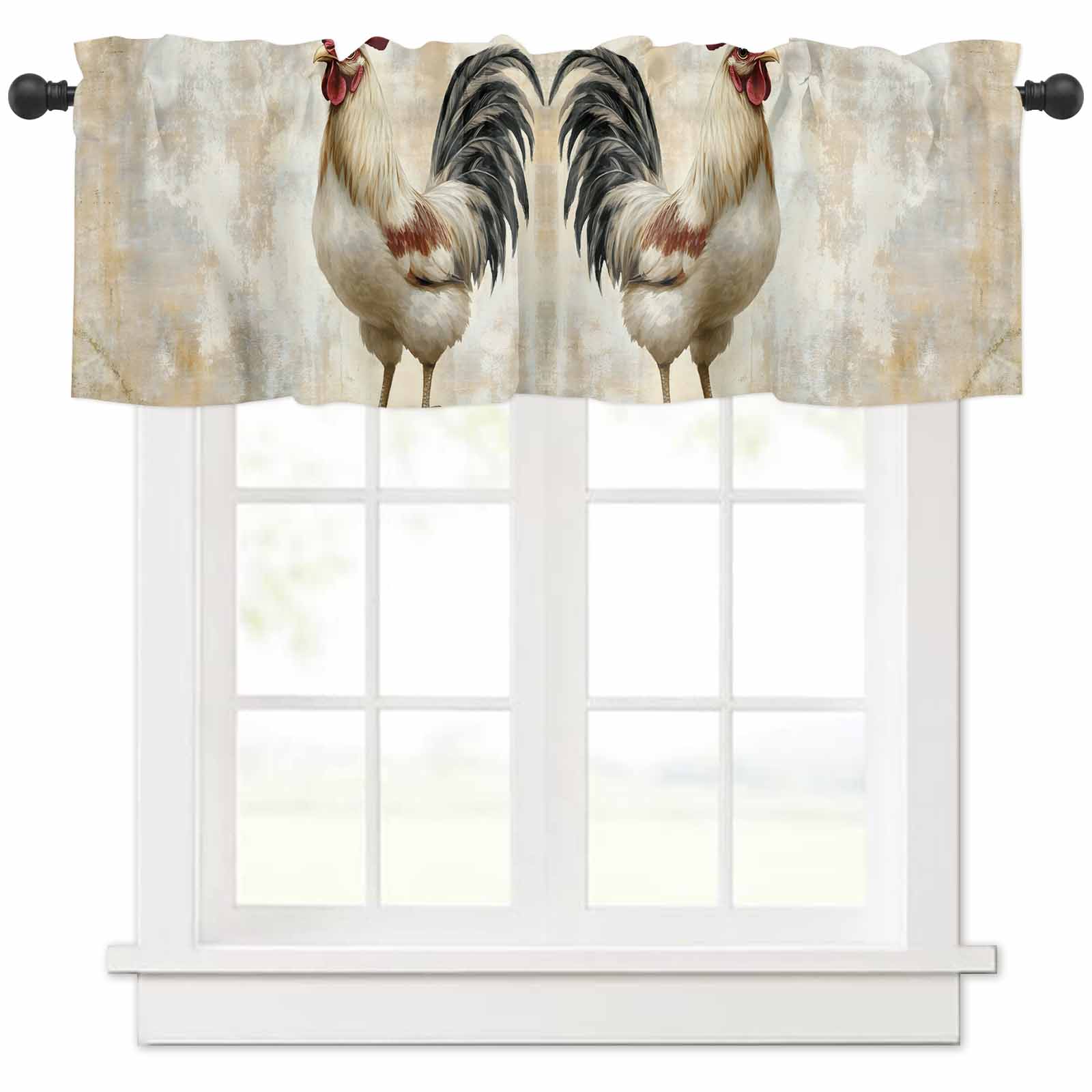 White Retro Rooster Valances for Windows Farmhouse Kitchen Curtains ...