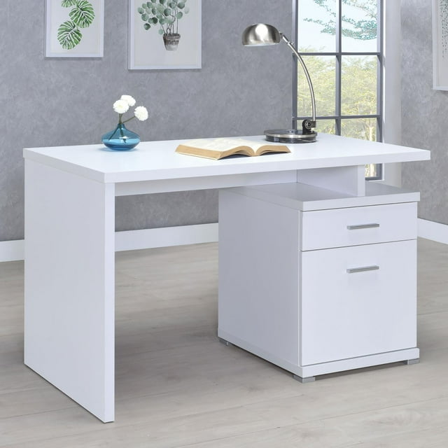 White Reversible Office Desk with 2 Drawers & File Cabinet - Modular ...